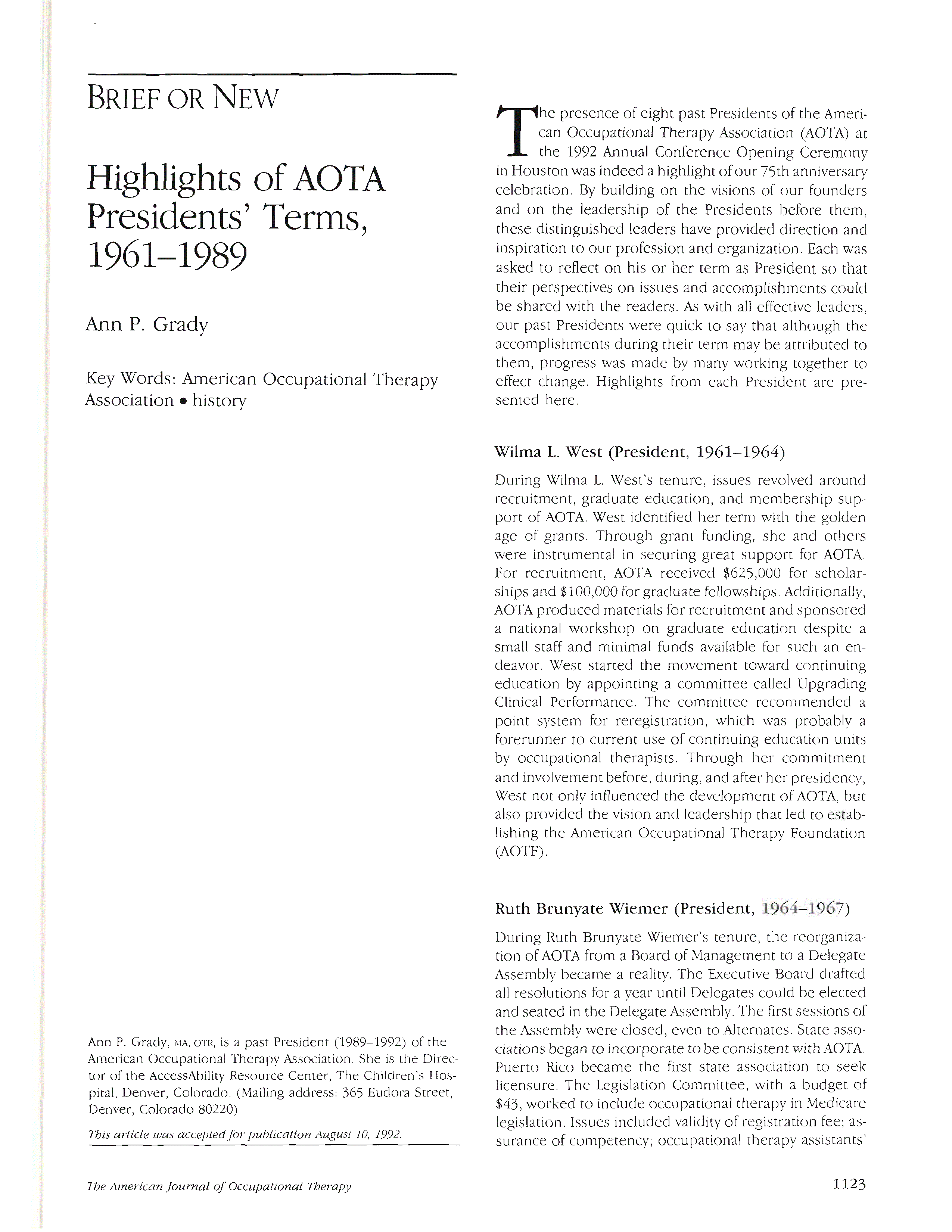 Highlights of AOTA Presidents’ Terms, 1961 – 1989 | The American ...