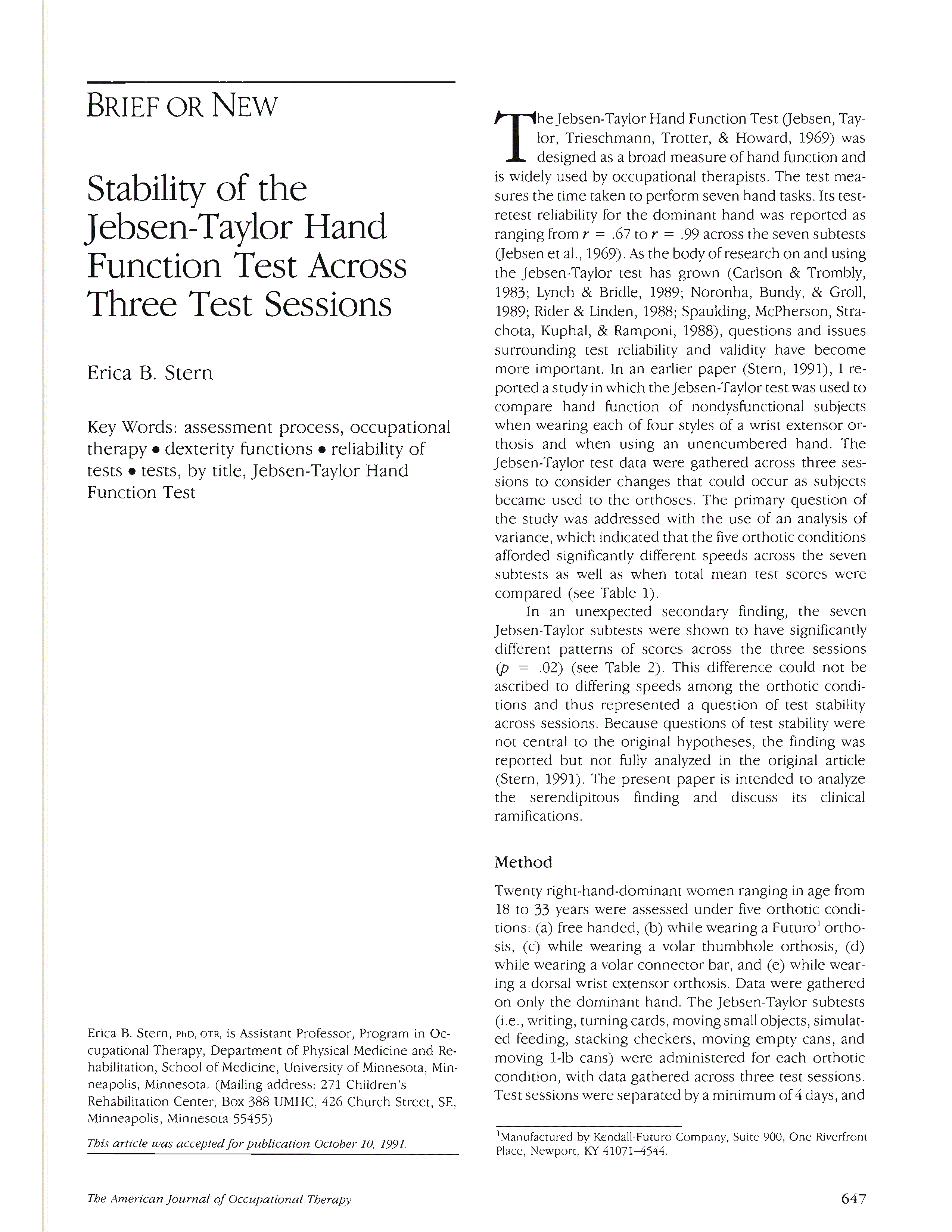 Stability of the Jebsen-Taylor Hand Function Test Across Three Test ...