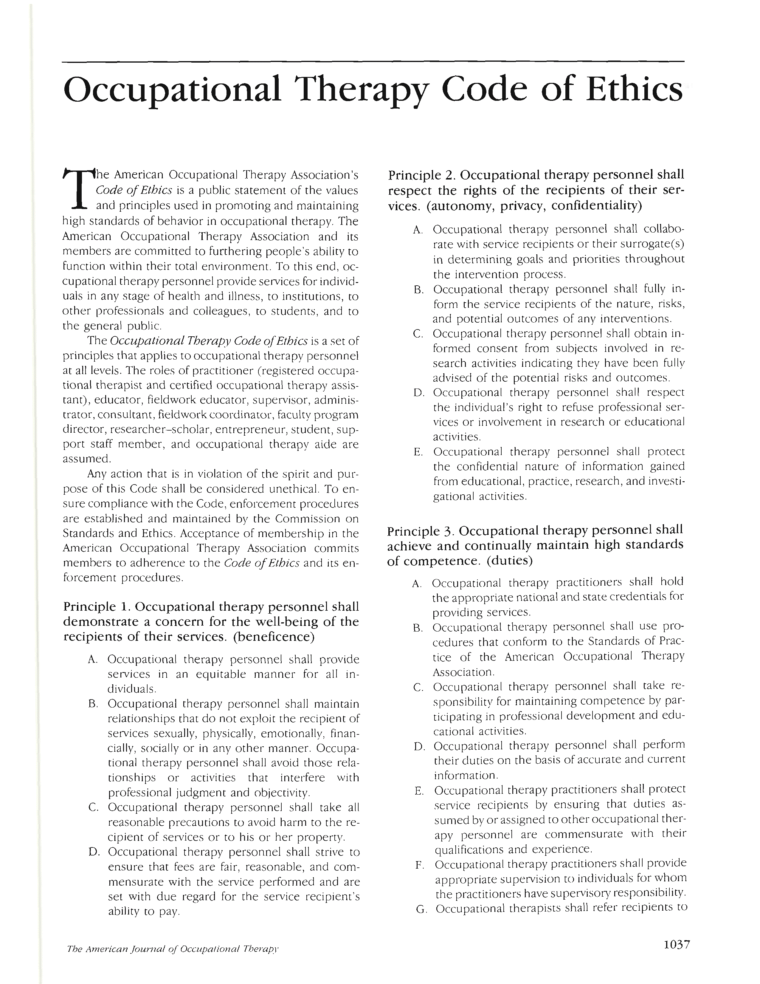 Occupational Therapy Code of Ethics | The American Journal of ...