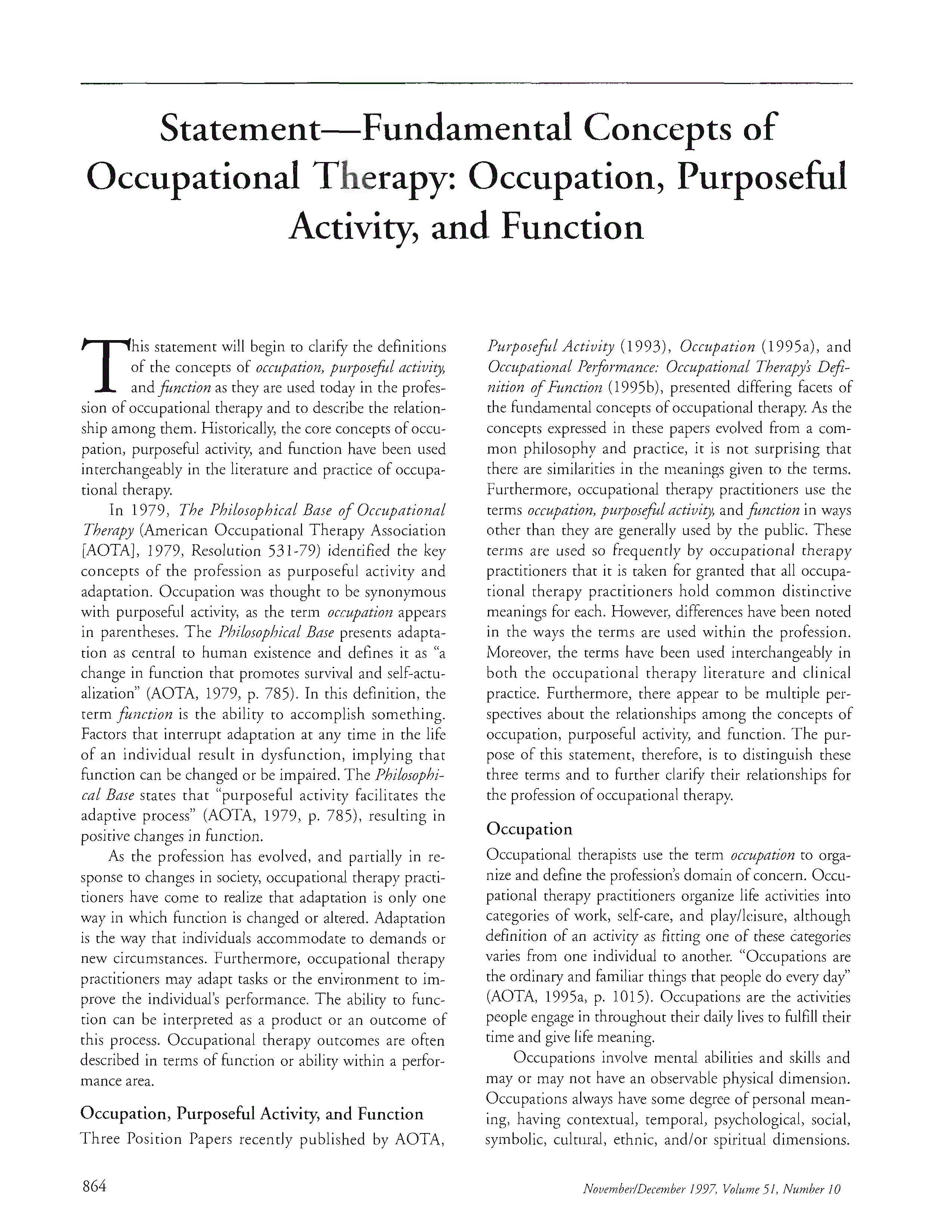 Statement—Fundamental Concepts of Occupational Therapy: Occupation ...
