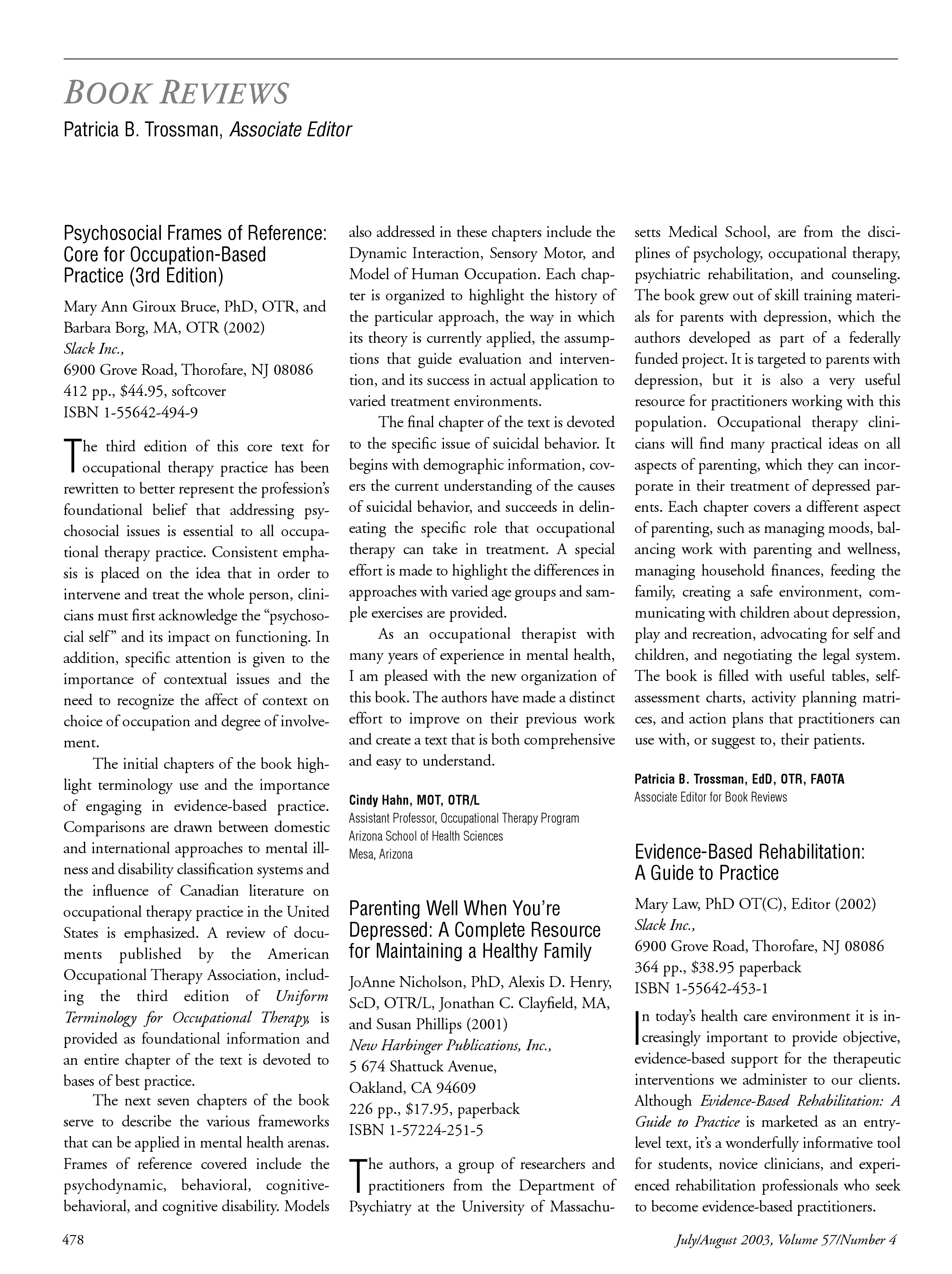 Psychosocial Frames of Reference: Core for Occupation-Based Practice ...