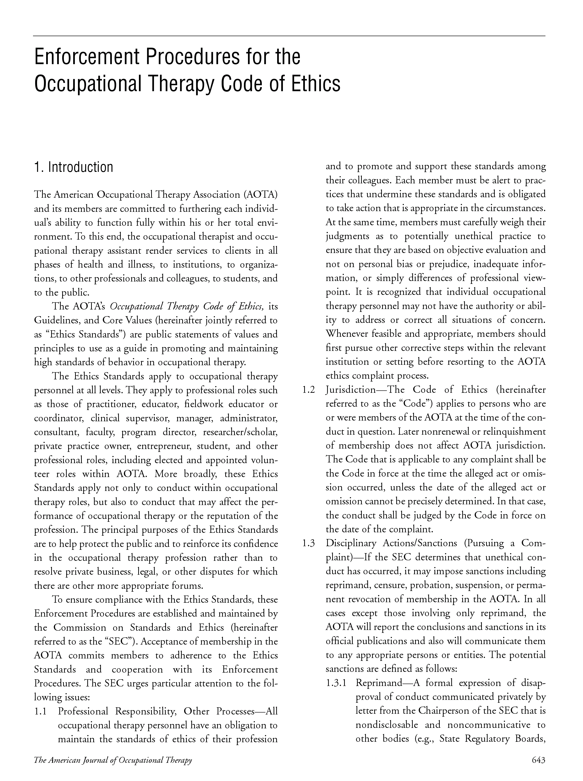 Enforcement Procedures for the Occupational Therapy Code of Ethics ...