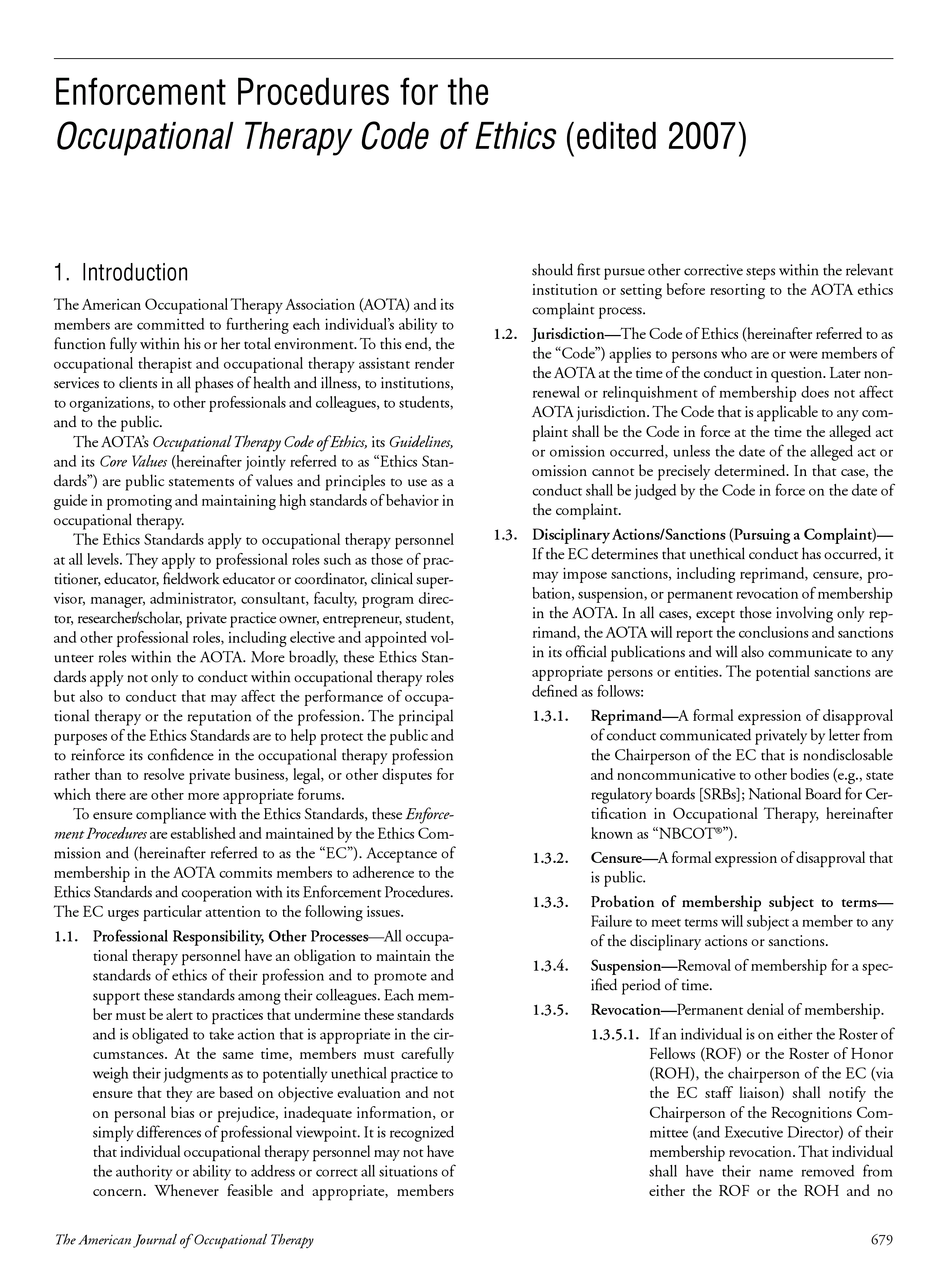 Enforcement Procedures for the Occupational Therapy Code of Ethics ...