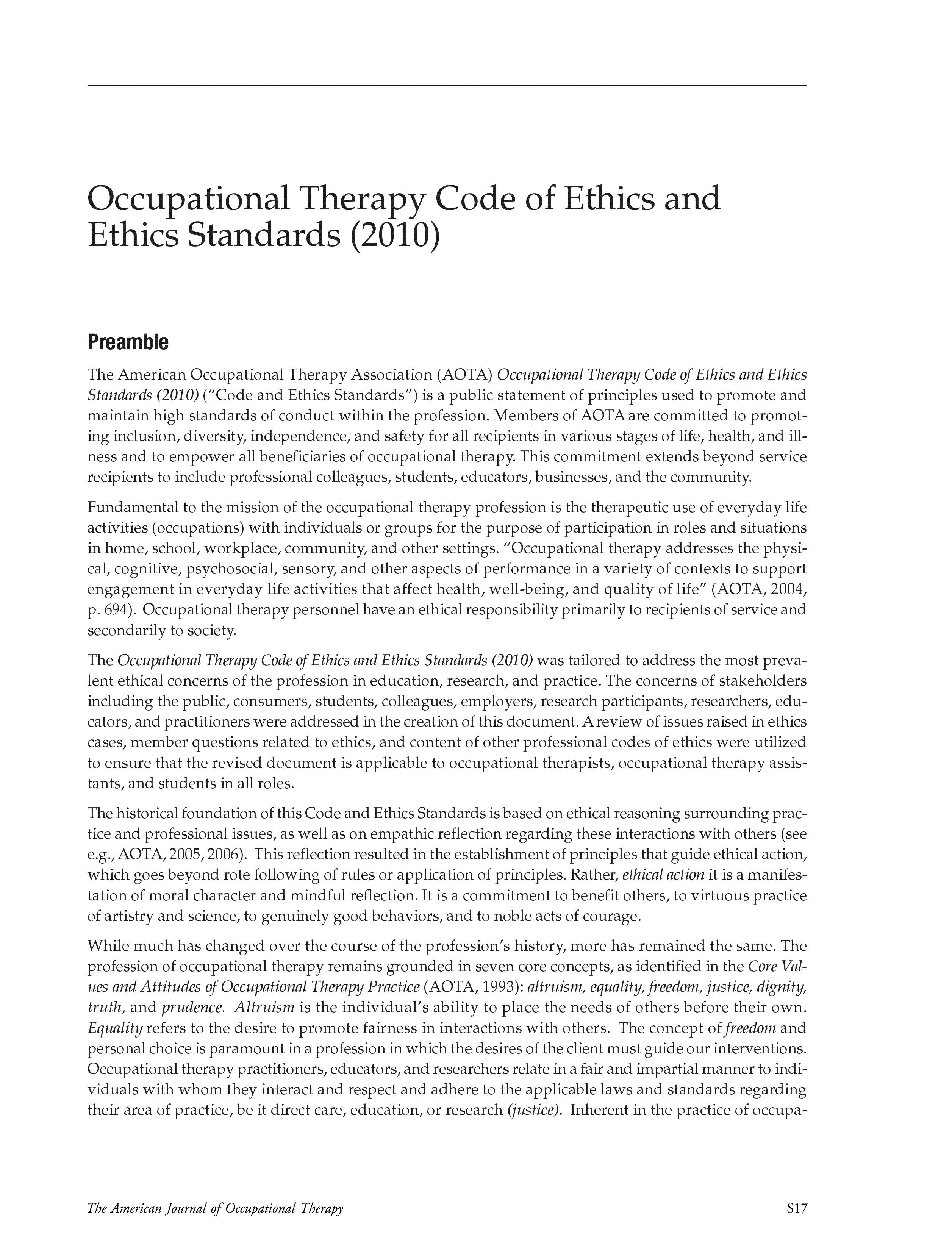 Occupational Therapy Code of Ethics and Ethics Standards (2010) | The ...
