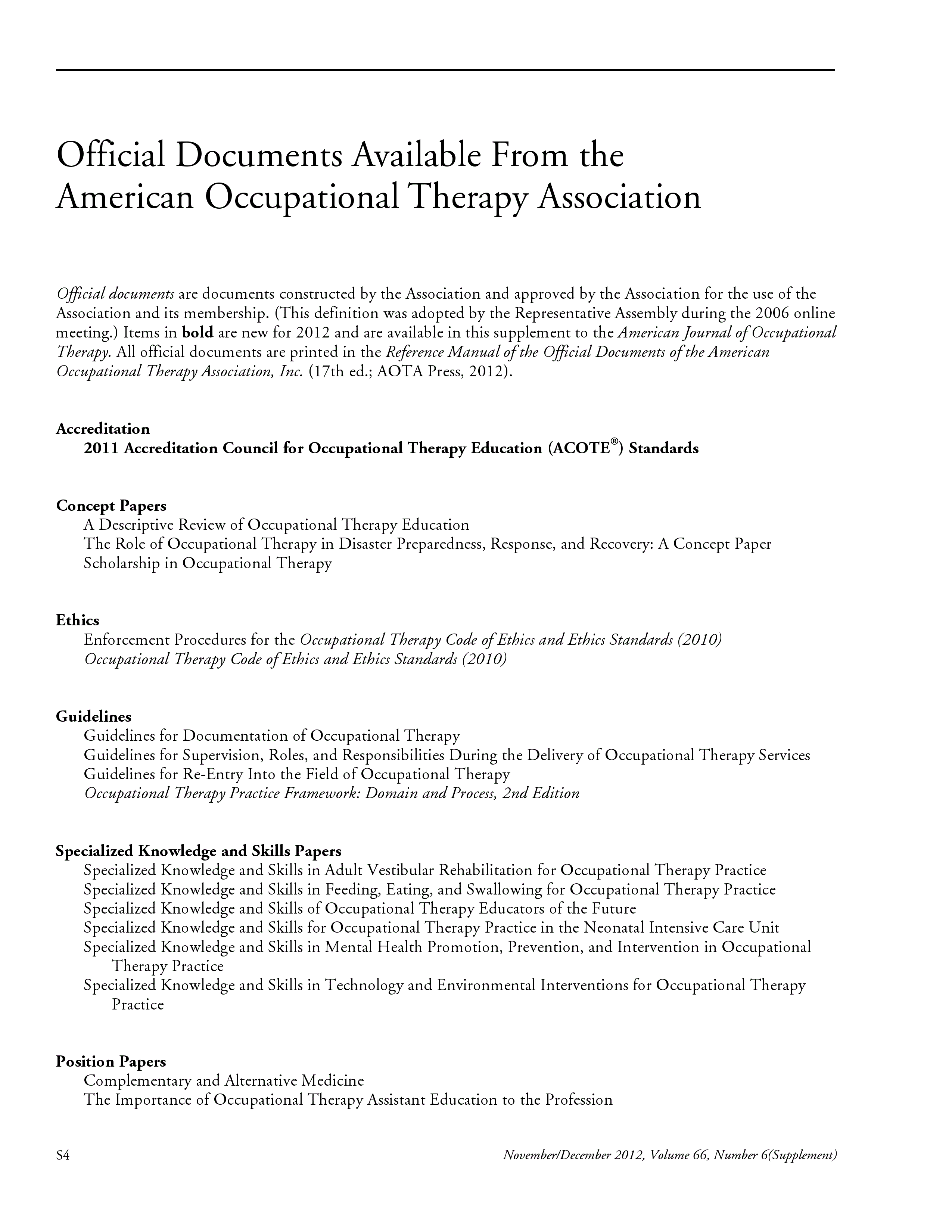 Official Documents Available From the American Occupational Therapy ...