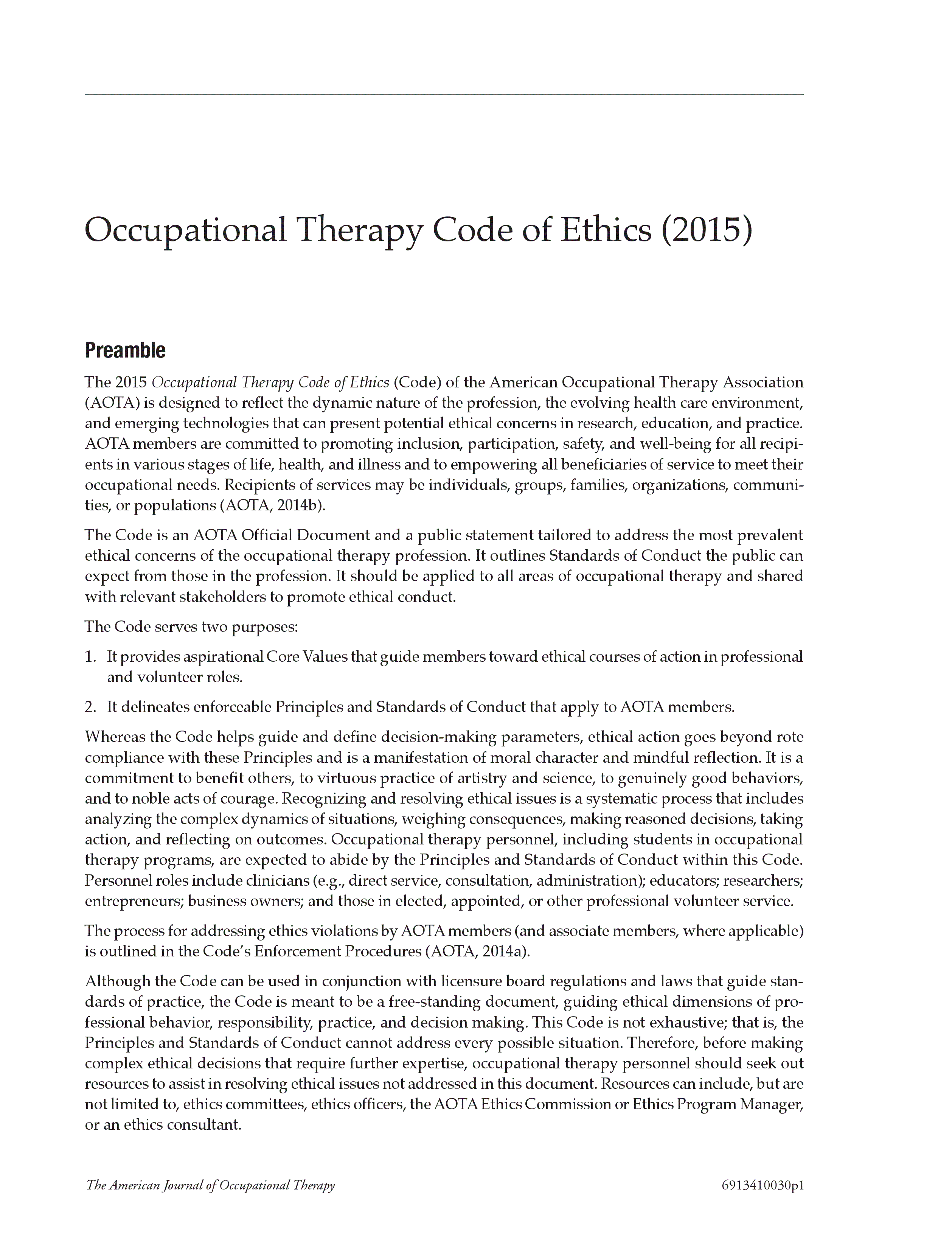 Occupational Therapy Code of Ethics (2015) | The American Journal of ...