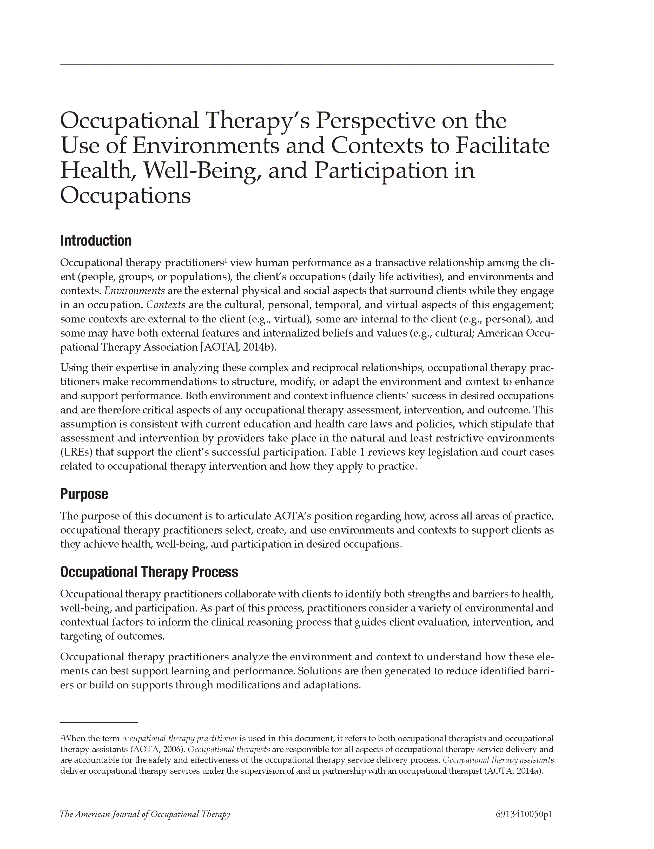 Occupational Therapy’s Perspective on the Use of Environments and ...