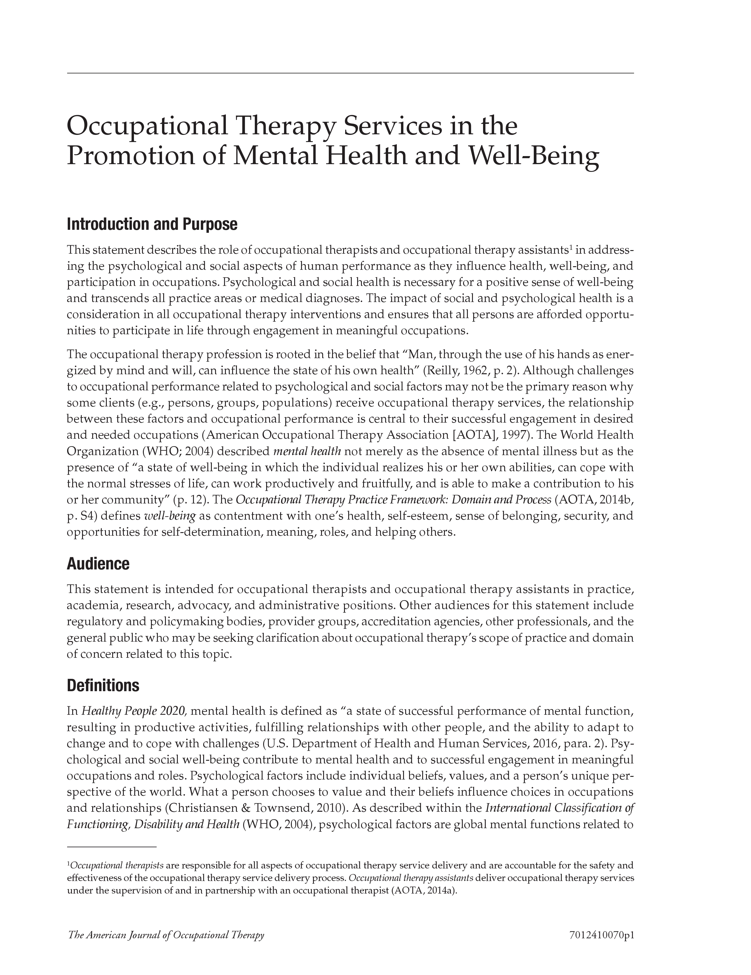 Occupational Therapy Services in the Promotion of Mental Health and ...