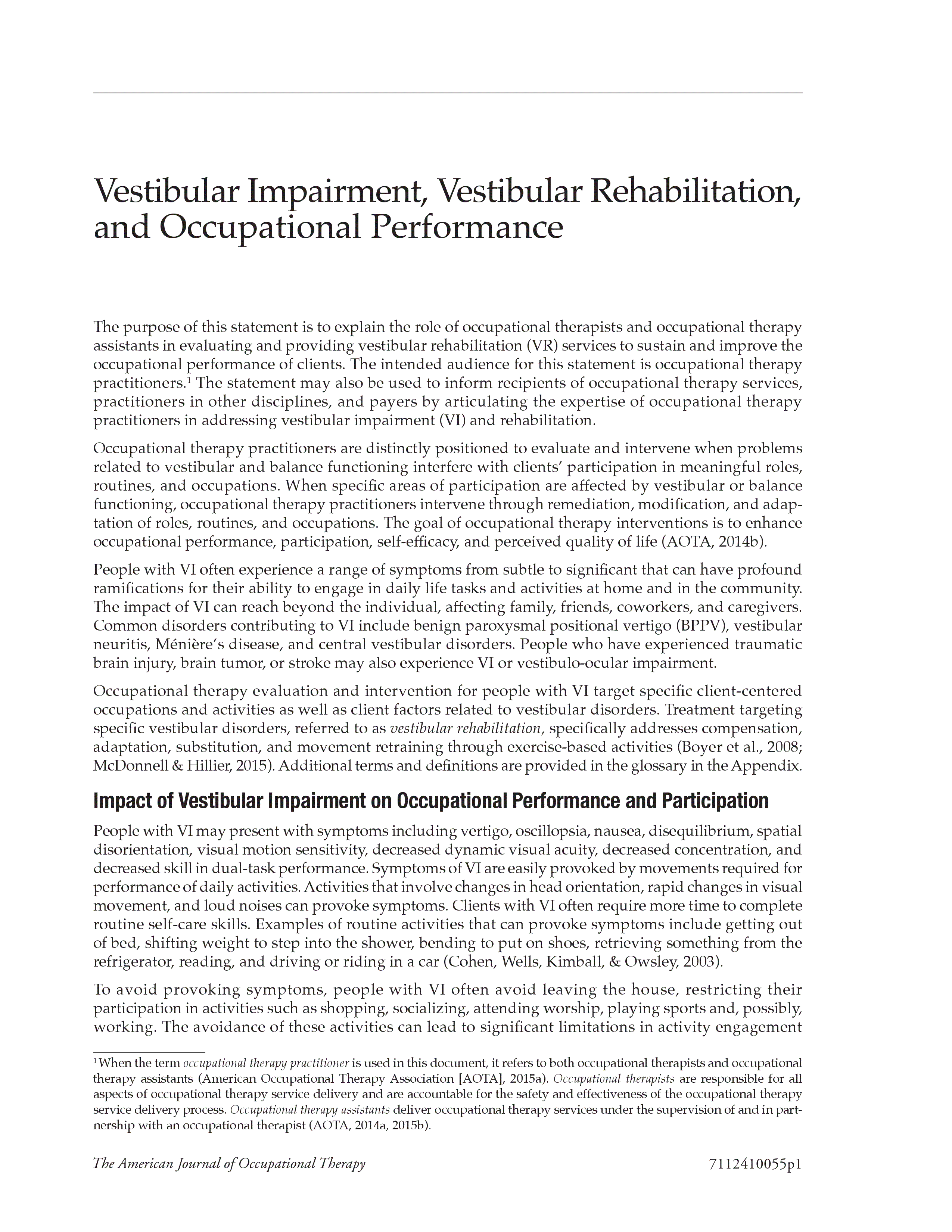Vestibular Impairment, Vestibular Rehabilitation, and Occupational ...