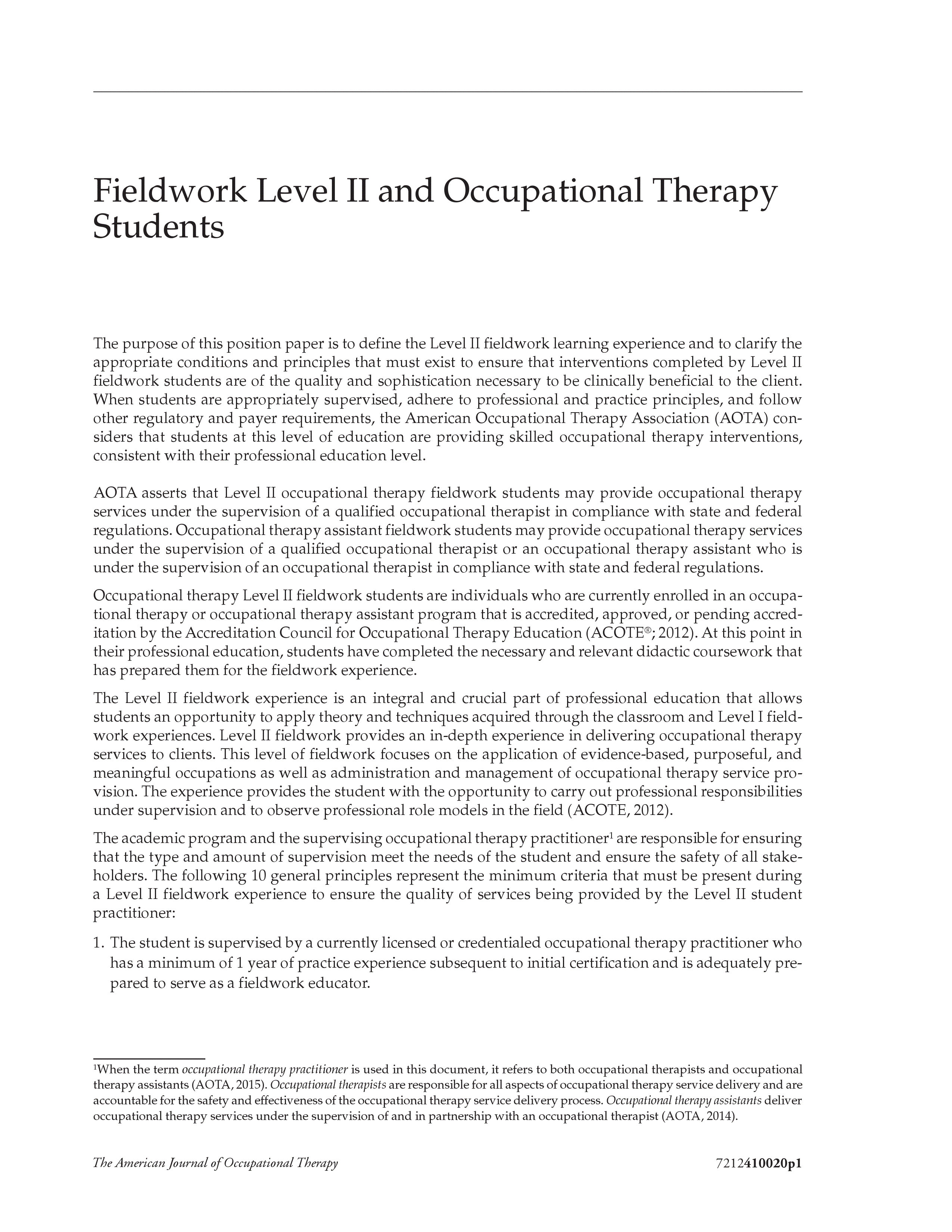 Fieldwork Level II and Occupational Therapy Students | The American ...