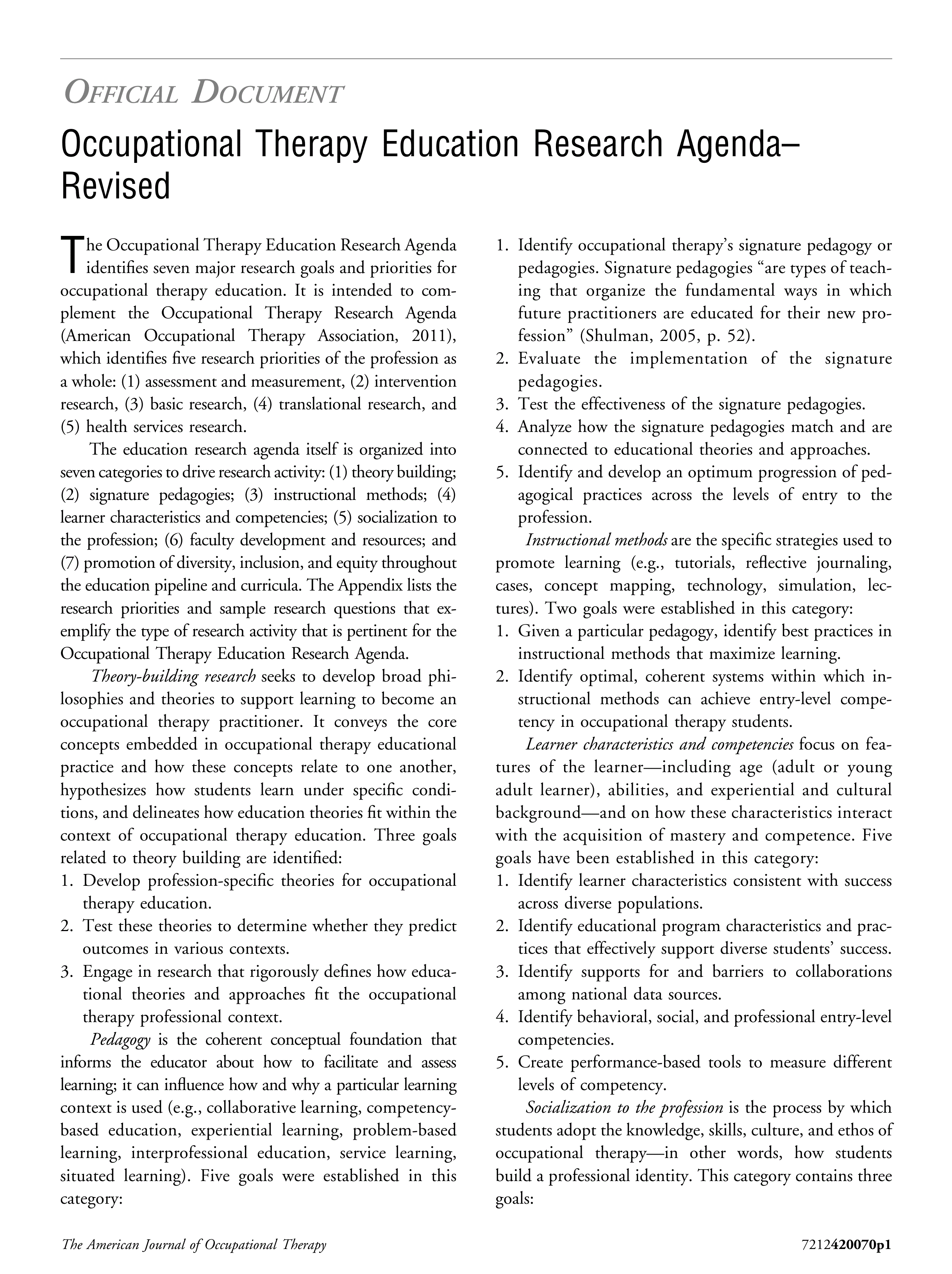 Occupational Therapy Education Research Agenda–Revised | The American ...